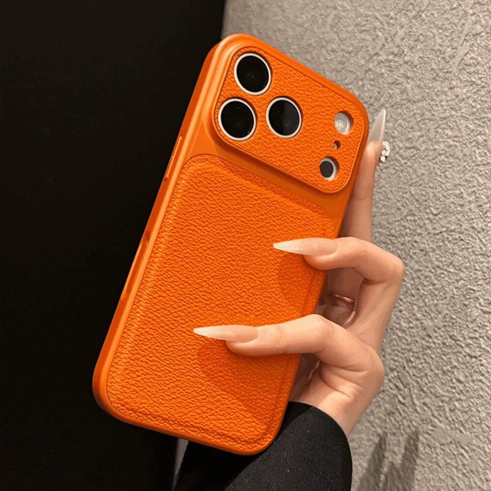 Оранжевый чехол для iPhone 14 Pro Max с текстурой кожи
