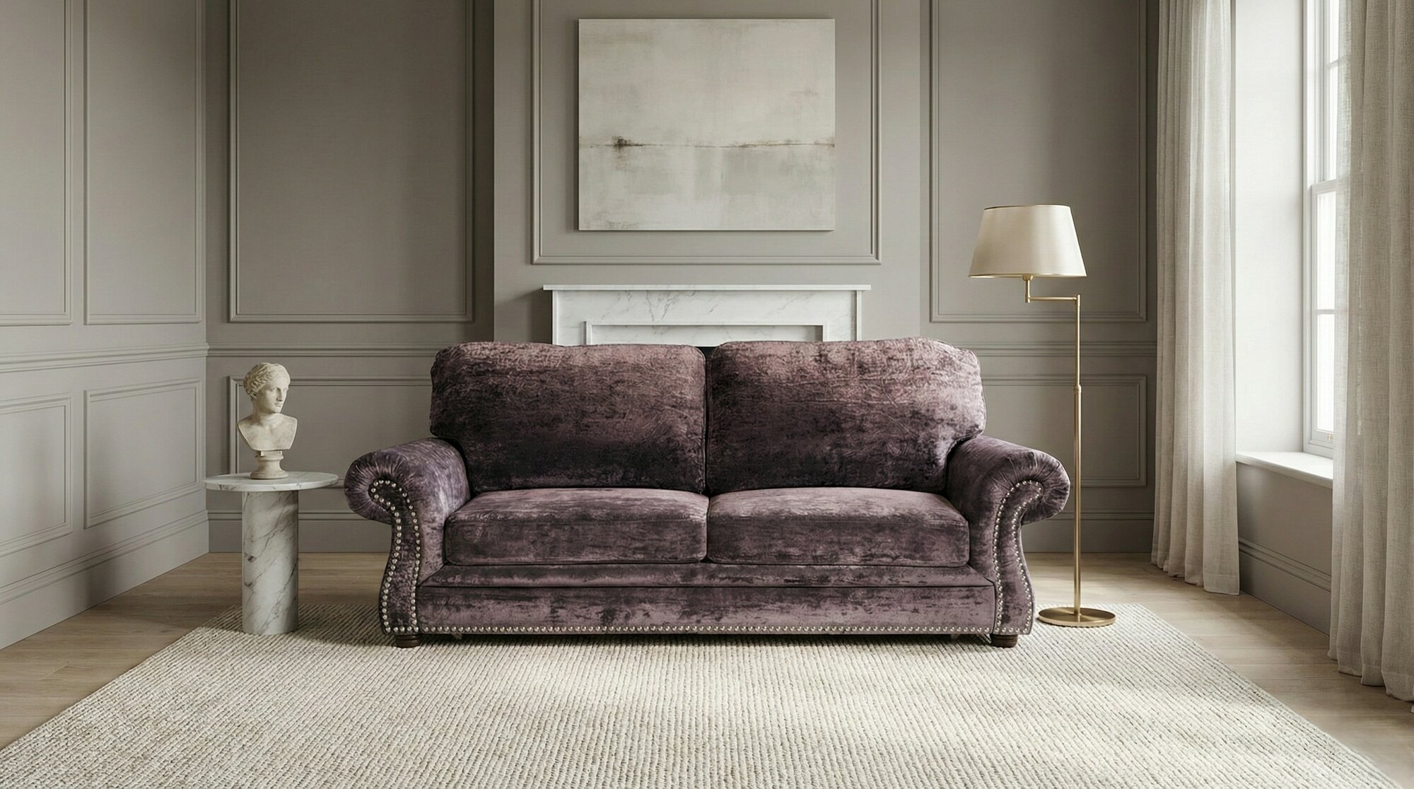 Прямой диван «OSTIN» / «остин» (Мебель Братьев Баженовых), раскладной, спальное место, серо-фиолетовый велюр