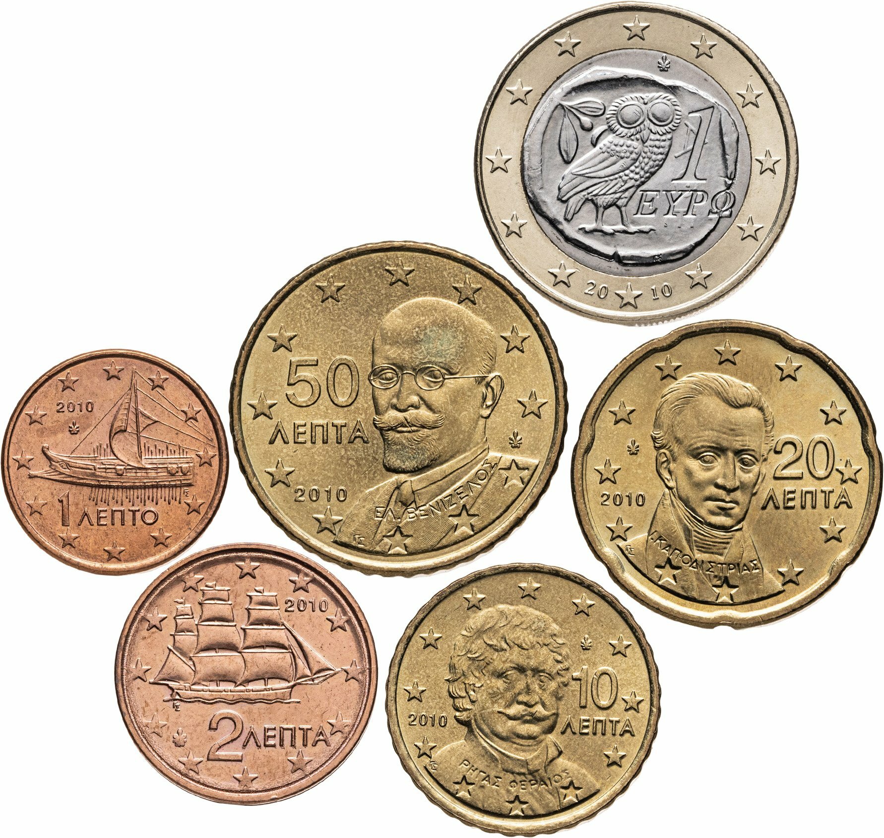 Греция Набор из 6 монет 1, 2, 10, 20, 50 евроцентов и 1 евро 2010, Биметалл, нордик, сталь с медным покрытием, в сохранности AU-UNC