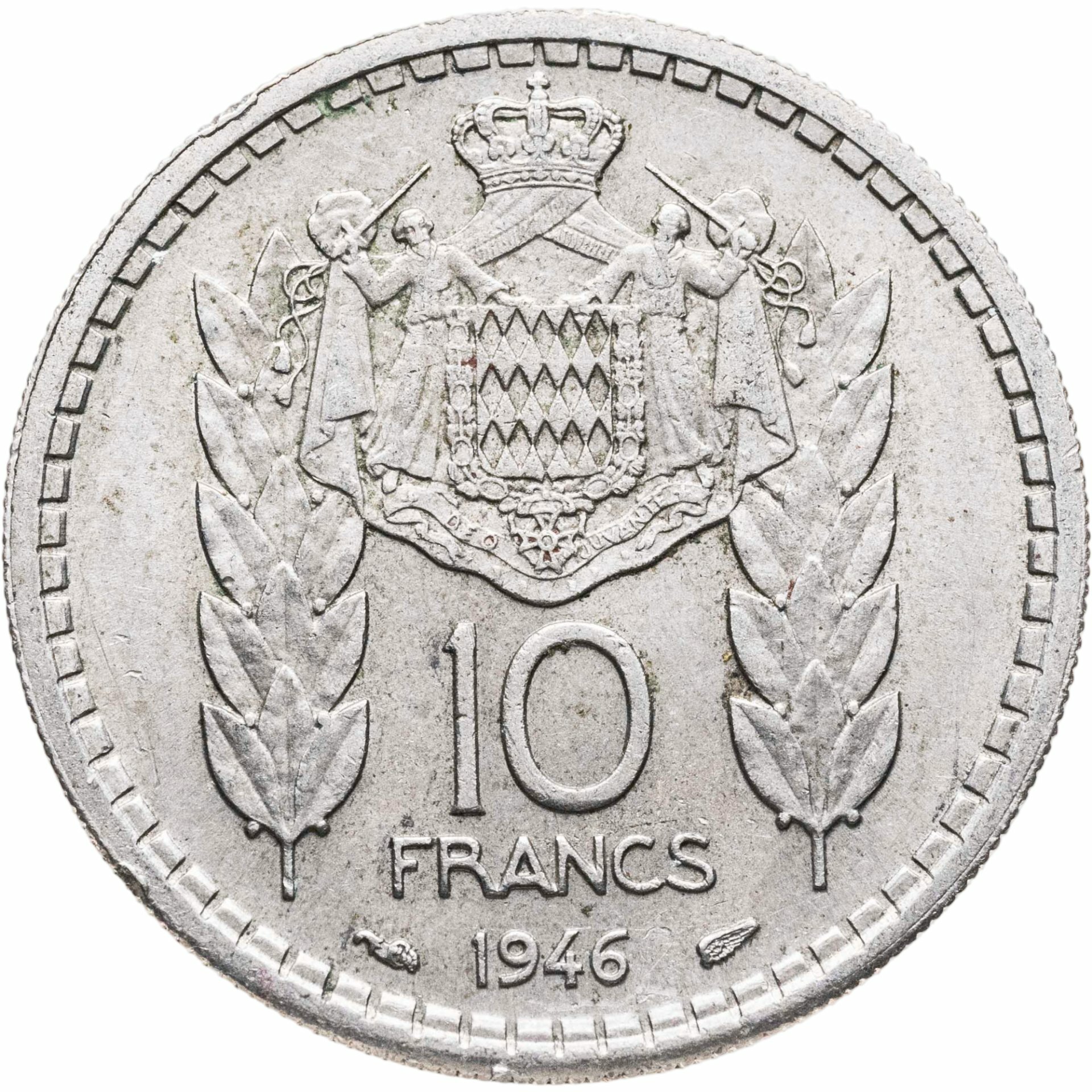 Монако 10 франков 1946, Мельхиор медь-никель, в сохранности XF-AU