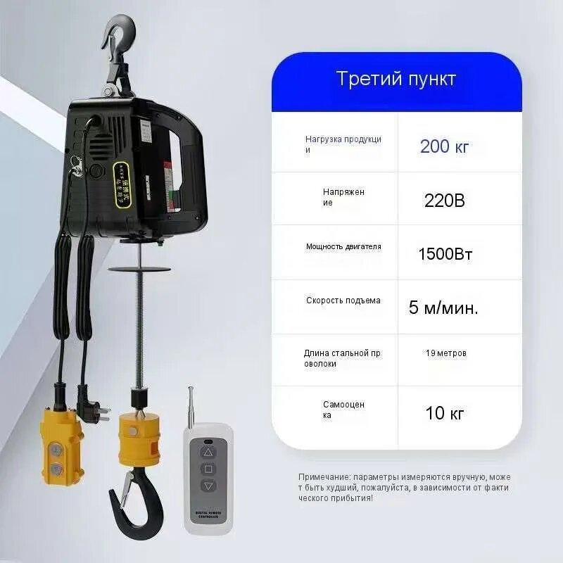Электрическая лебедка для подъема грузов 200 кг 220В с пультом ДУ и стальным тросом 19 м