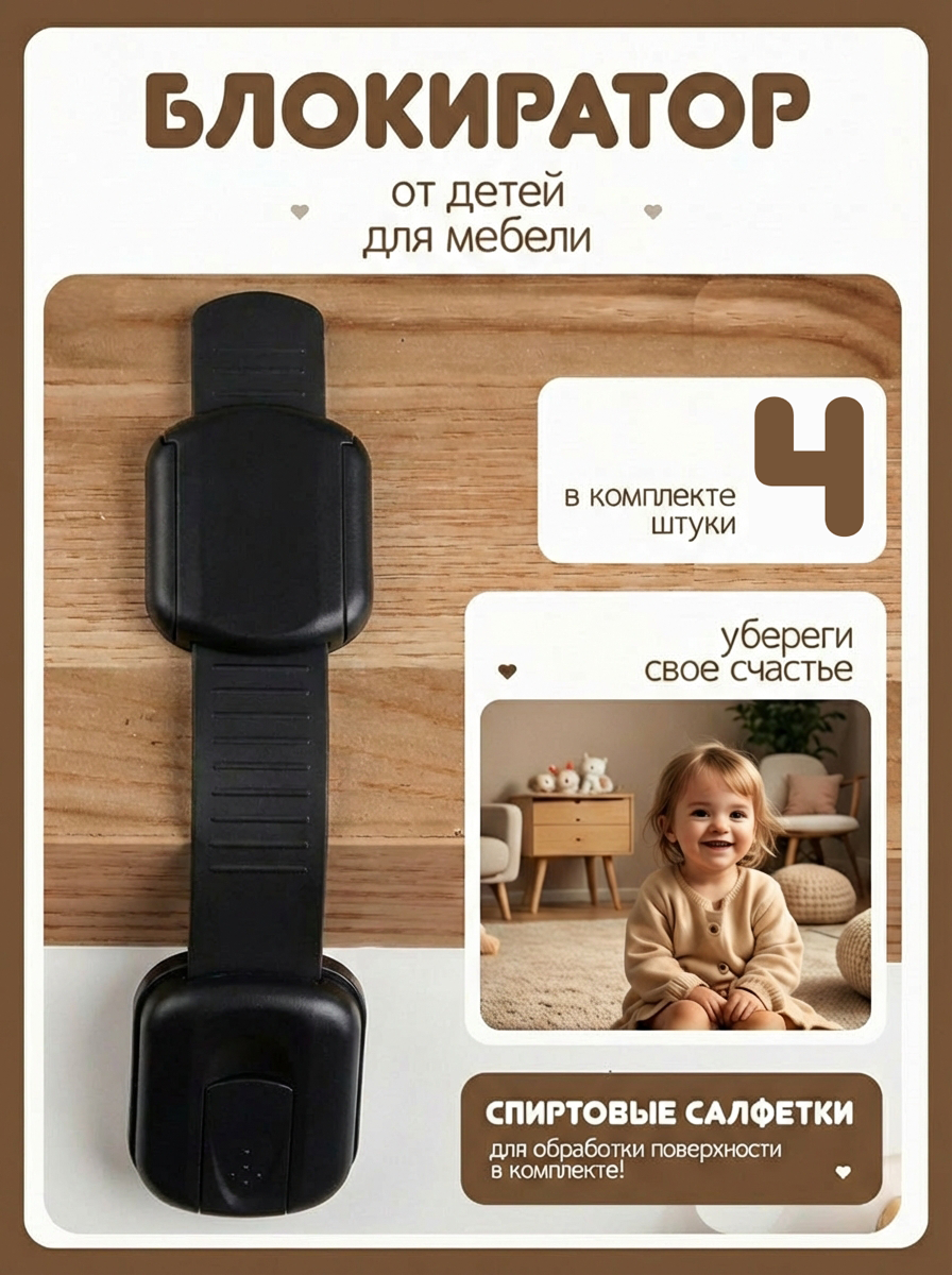 Блокиратор дверей и ящиков, замки от детей на мебель, 4 шт черный