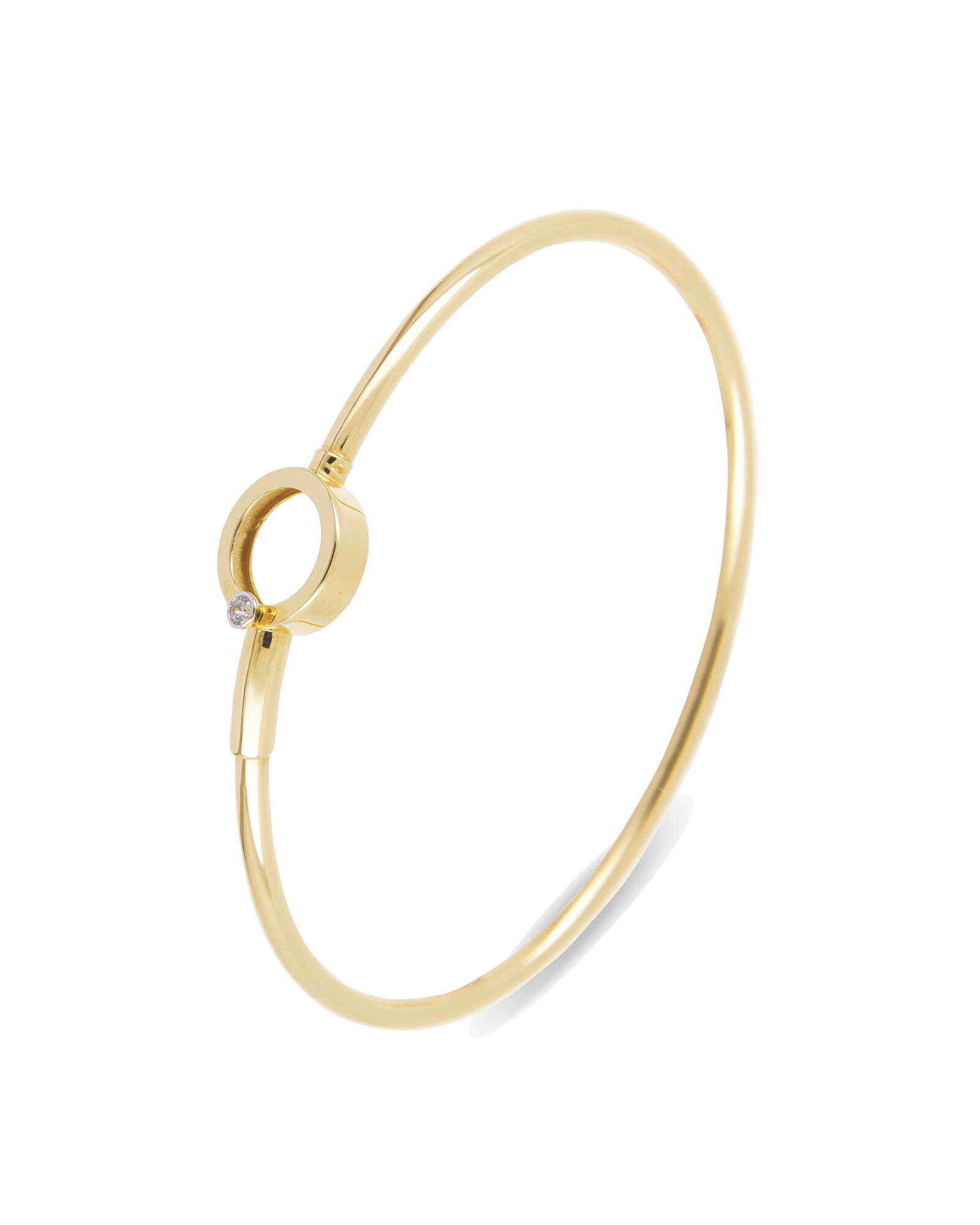 Жесткий браслет, желтое золото, 585 проба, родирование, фианит