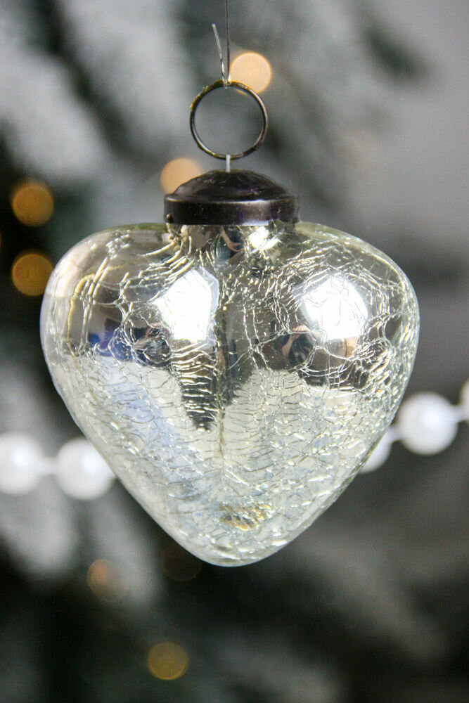 Ёлочное украшение-сердечко кордель, стекло, серебряное, 8 см, Kaemingk 190201