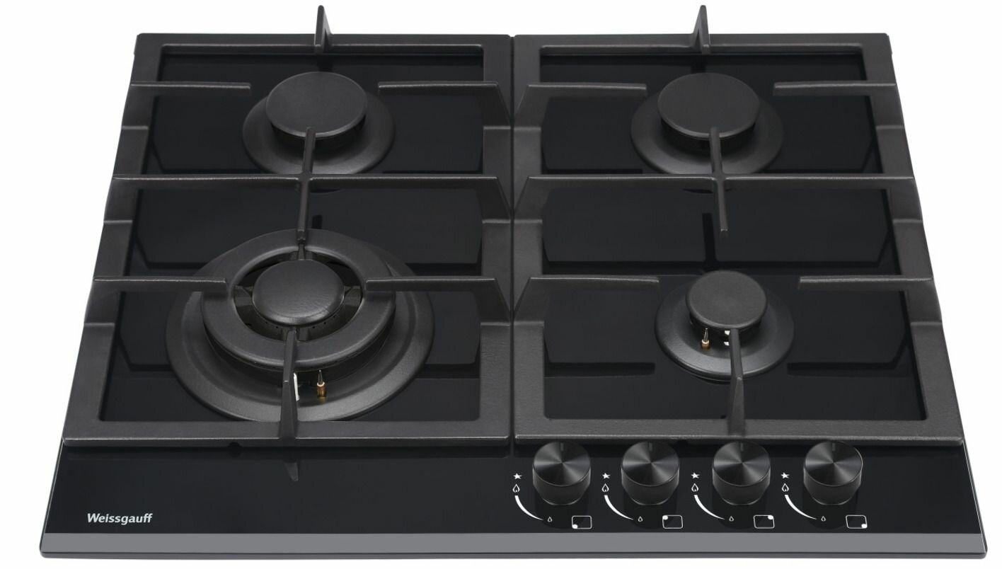 Газовая панель Weissgauff HGG 641 BGh Black Edition, WOK-конфорка 3,4 кВт, Чёрное закалённое стекло, Газ-контроль