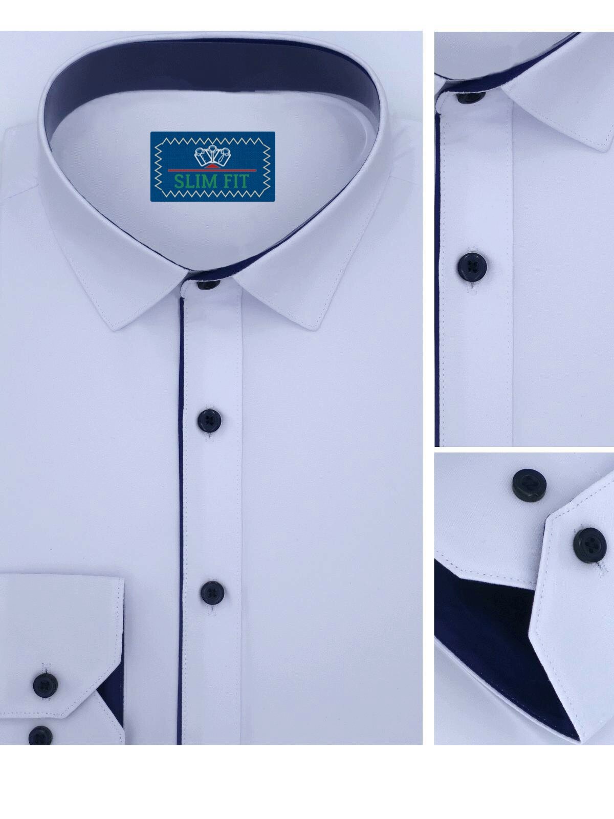 Рубашка приталенная с длинным рукавом мужская рубашка, светлая сорочка на пуговицах, рубаха на любой сезон, белая однотонная, без карманов, с отделкой рубашка Slim fit с приталенным кроем зауженная