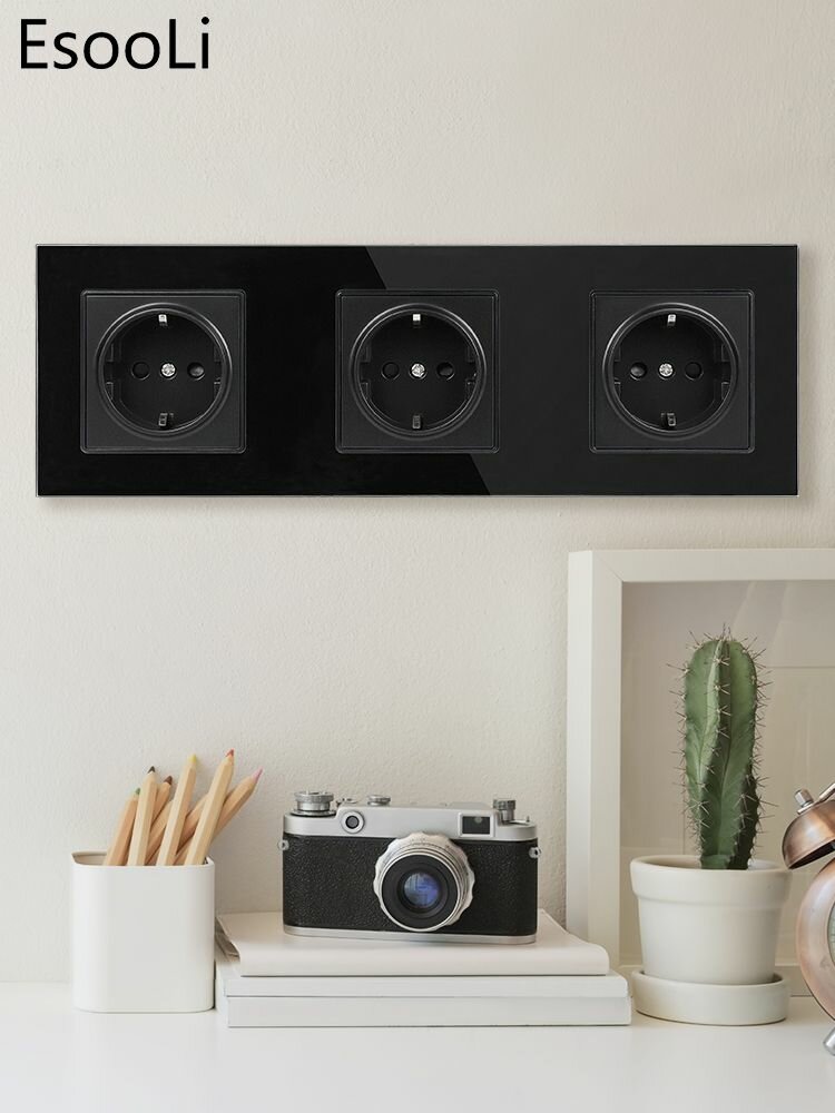 EsooLi 258mm 3 Розетка 16A Стеклянная панель черная