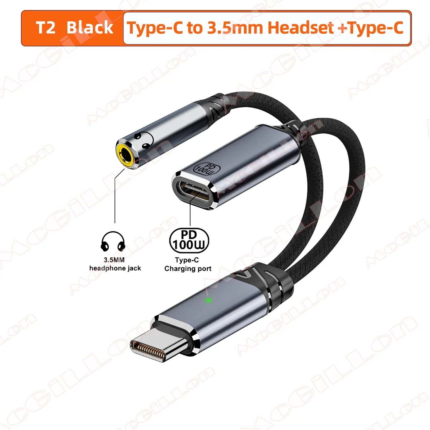 T2 Black: USB-C - 3.5 мм разветвитель для наушников + зарядка