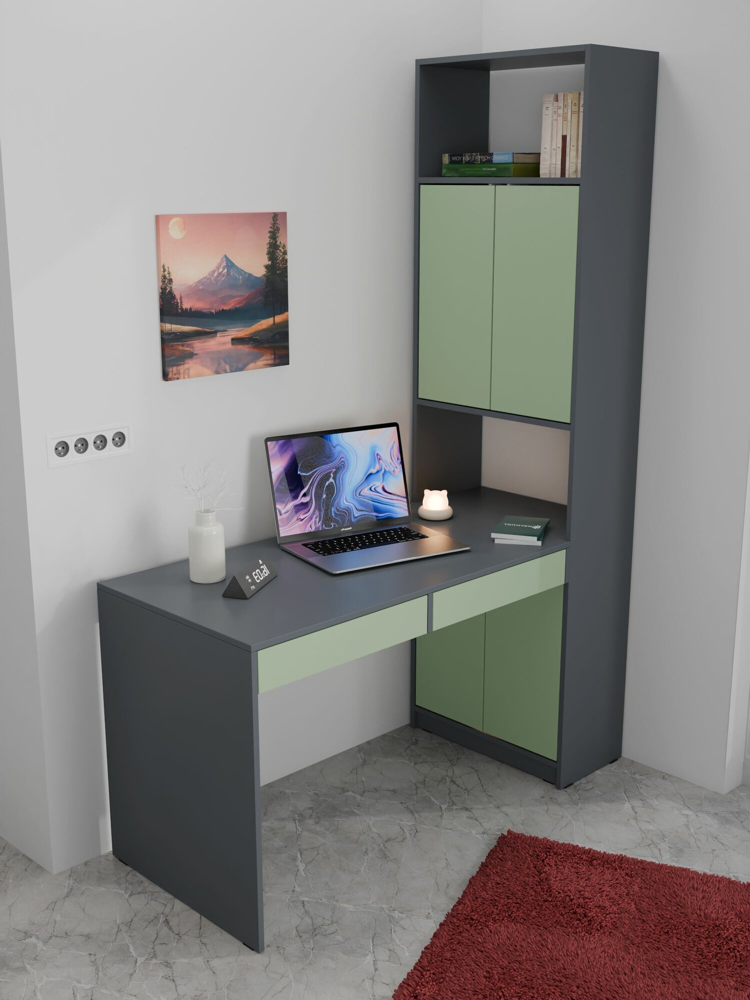 Изумлит Стол-стеллаж с дверьми письменный угловой, стеллаж справа 200х140х59.2 см, графит-мятный