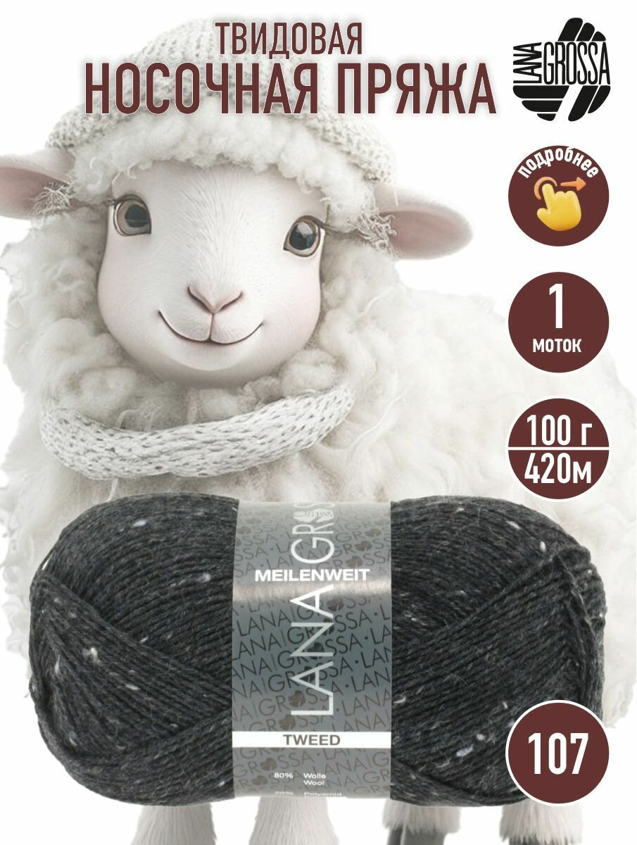 Носочная пряжа Lana Grossa Tweed Meilenweit 100 (107 Anthrazit) 80% Шерсть, 20% Полиамид. 1 моток 100г/420м
