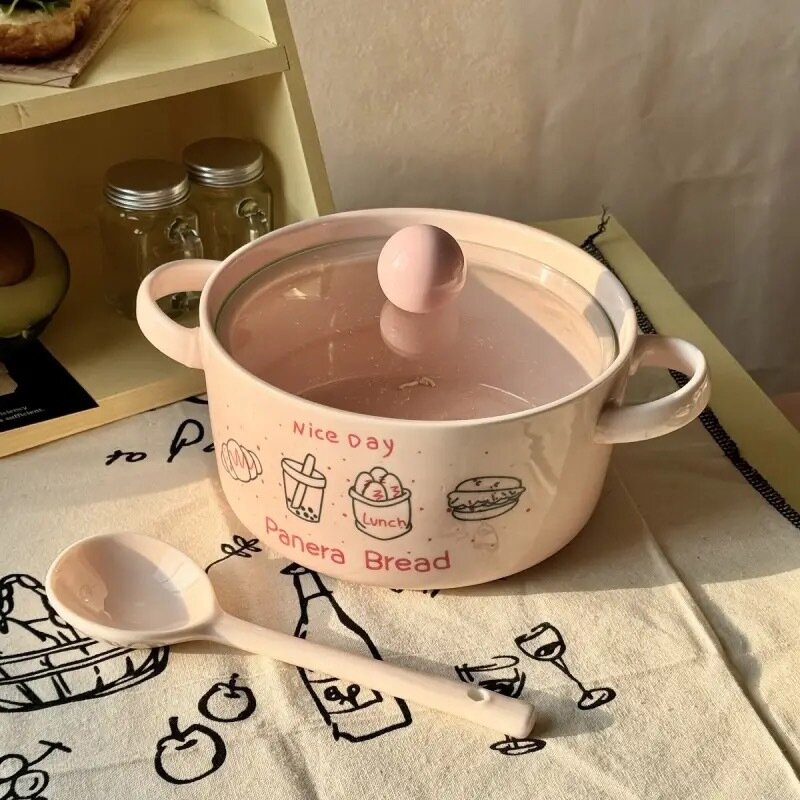 Керамическая миска с крышкой и ложкой для хлеба, картофеля фри и лапши быстрого приготовления, подходит для студенческих общежитий, керамическая миска с двумя ручками для лапши с улитками и супа.