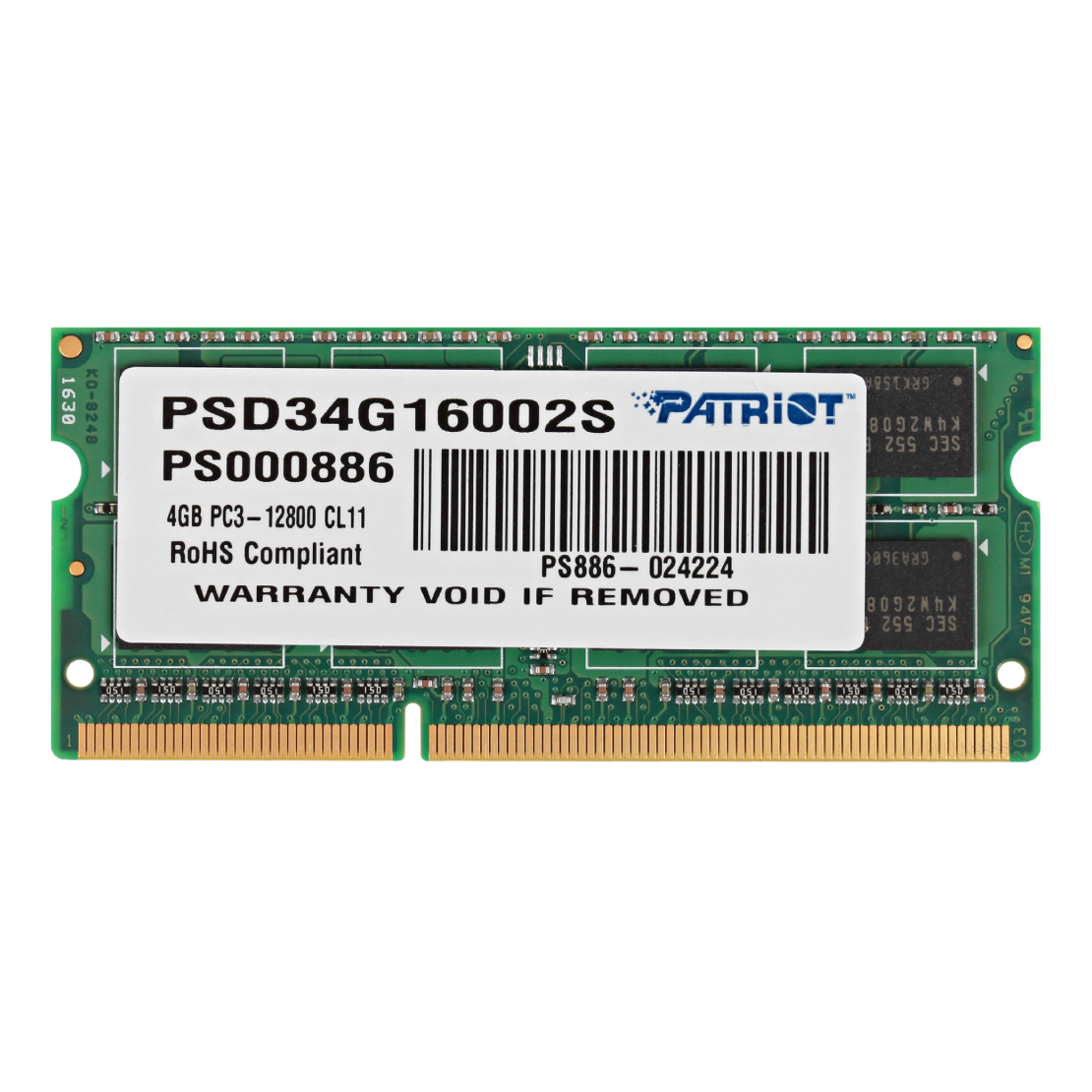 Оперативная память Patriot Memory PSD34G16002S, 4 ГБ DDR3 SO-DIMM, 1600 МГц, 1.5 В, зеленый