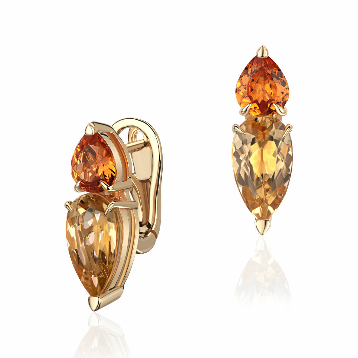 Серьги, желтое золото, 585 проба, спессартин, гелиодор