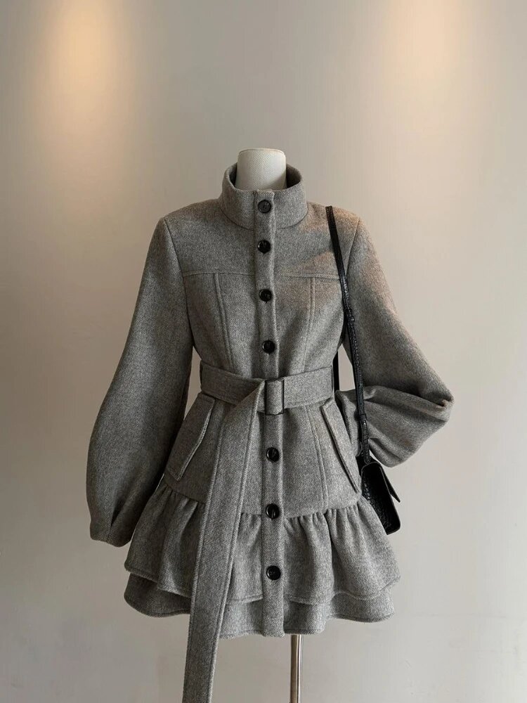 Женское серое шерстяное пальто с поясом, XL