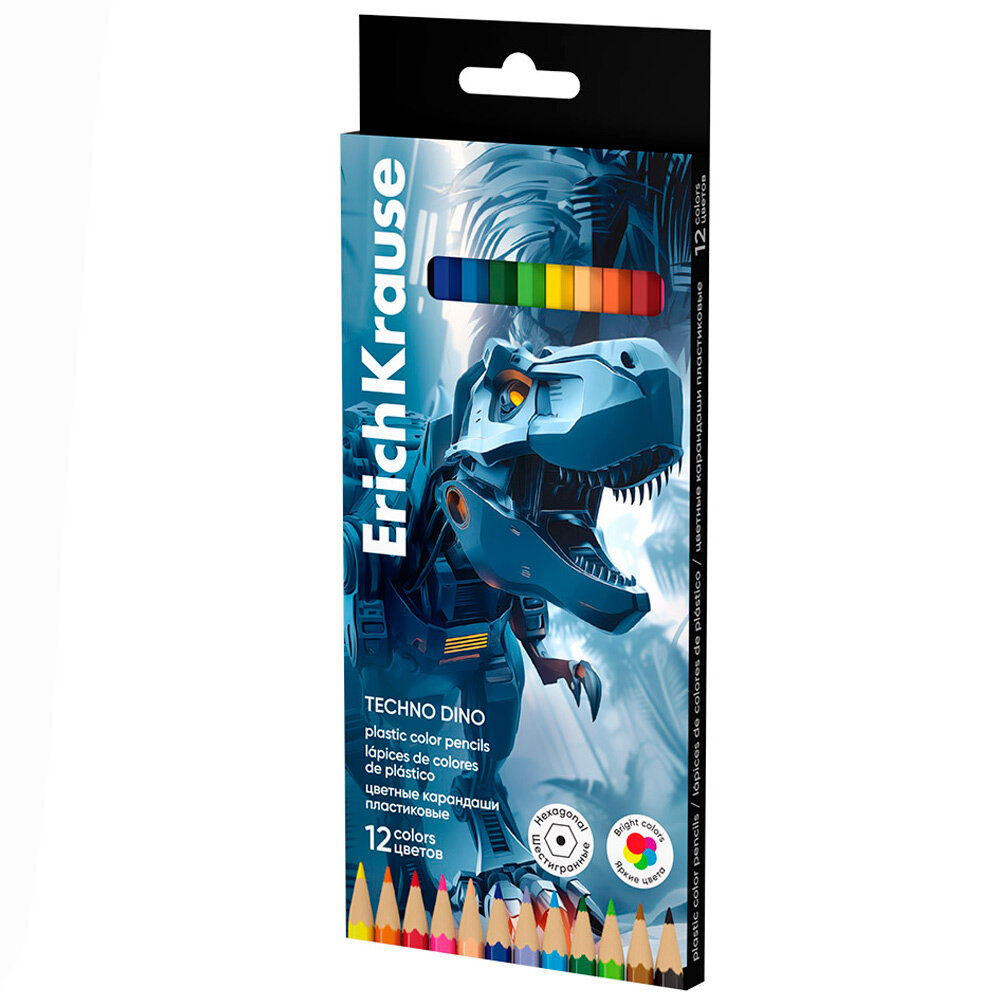 Карандаши цветные Erich Krause 12 цветов techno dino, 65013