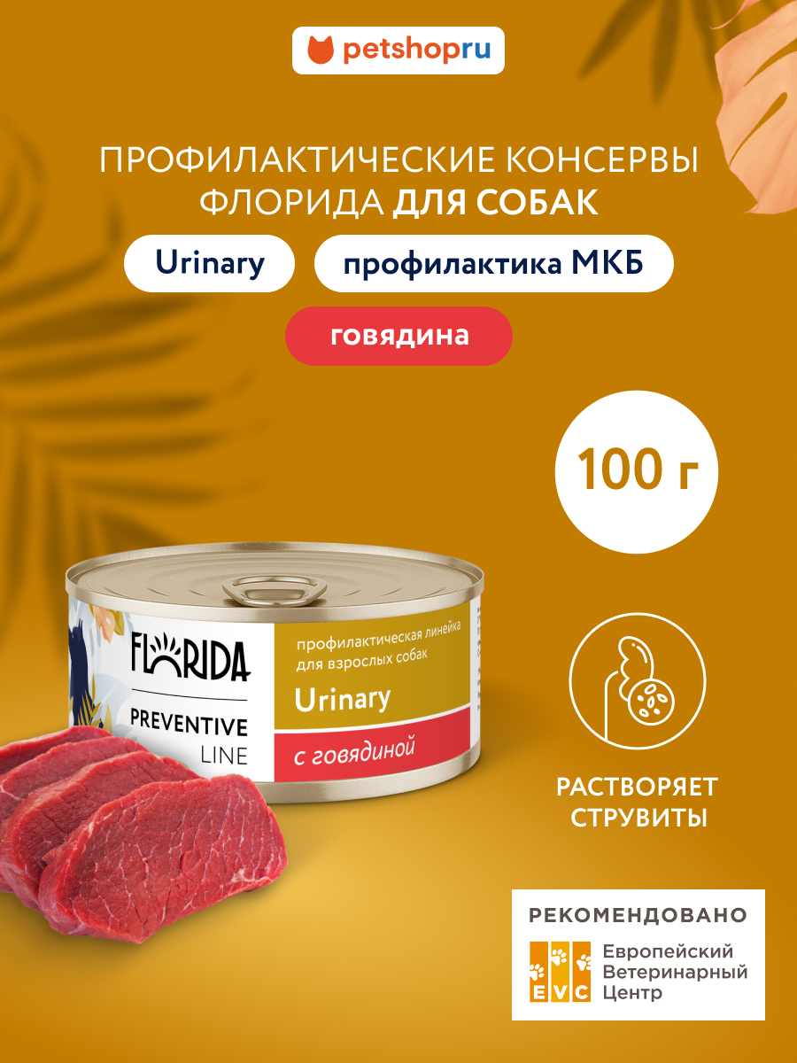 Florida Urinary, профилактический влажный корм для собак для профилактики образования мочевых камней, говядина, 100 г