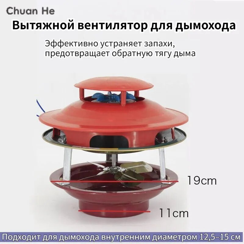 Вытяжной вентилятор для дымохода, красный, 19cm x 11cm, защита от обратной тяги дыма