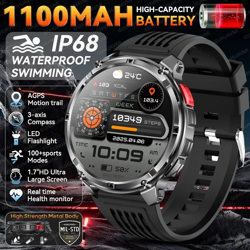 Мужские умные часы с GPS, компасом, 1100 мАч, Black
