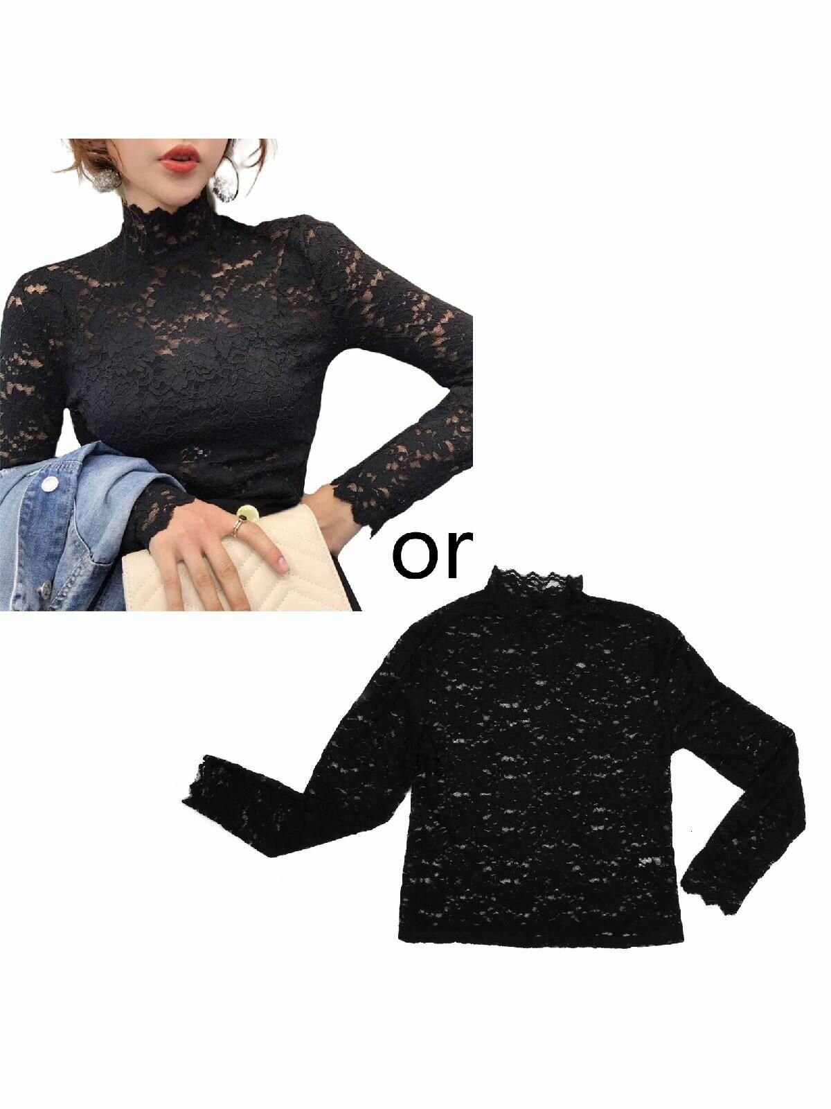 Женская прозрачная блузка из цветного кружева с длинным рукавом и высоким воротом, Черный - XL