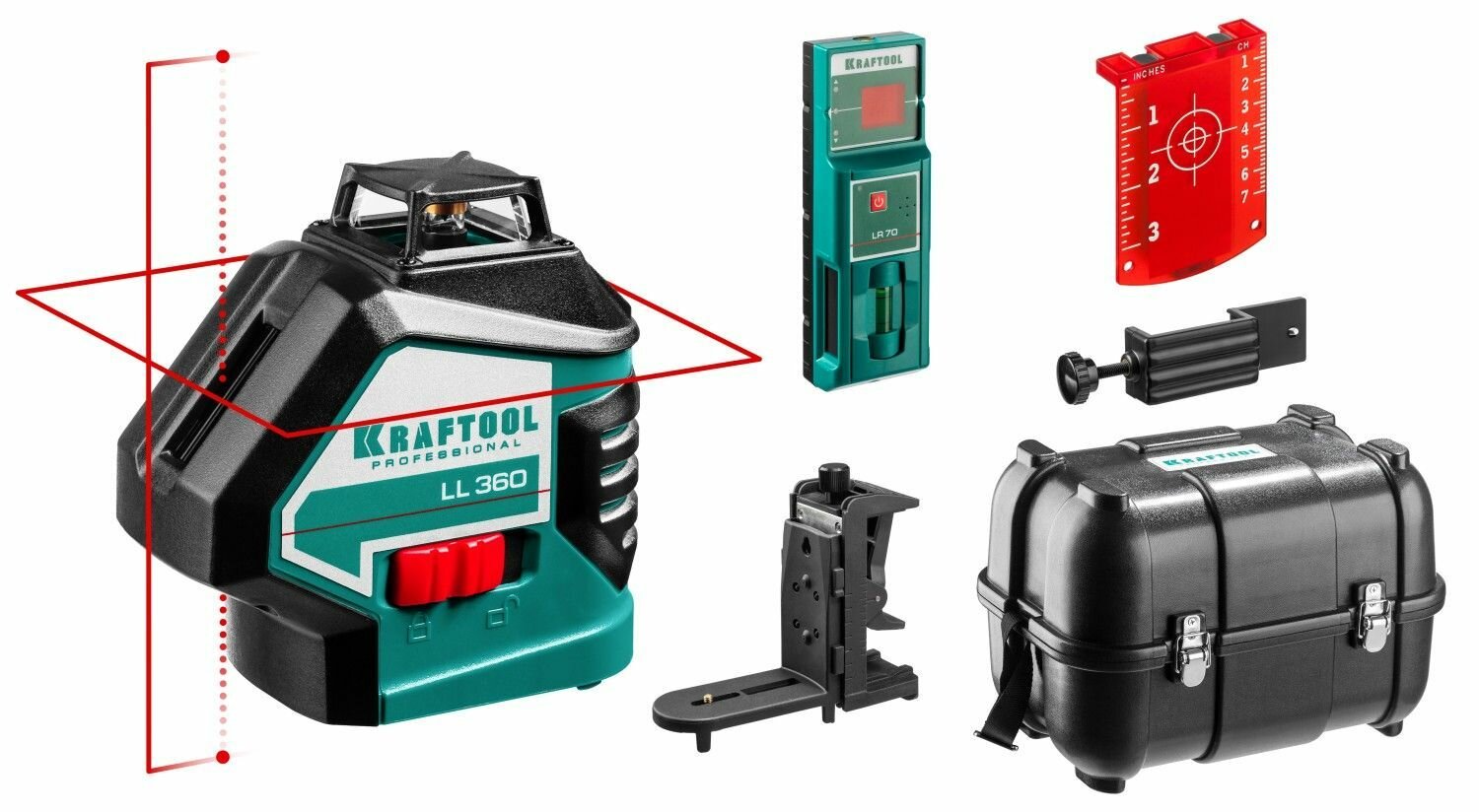 KRAFTOOL LL360 нивелир лазерный, 2х360 , 20м / 70м, IP54, точн. +/-0,2 мм/м, держатель, детектор, в кейсе