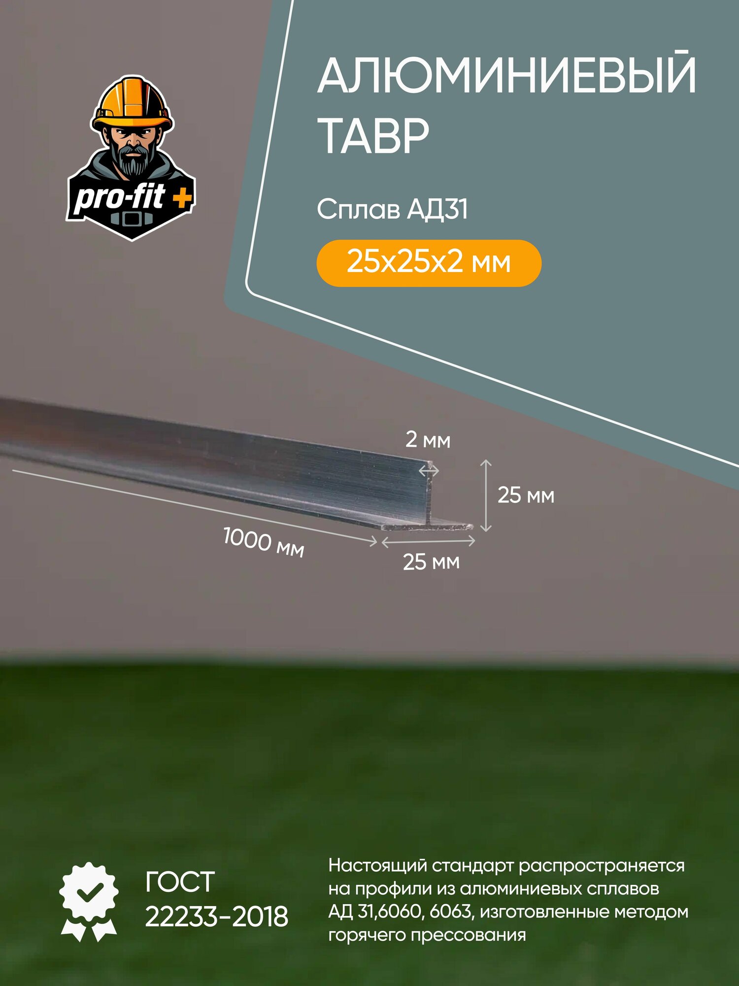 Профиль алюминиевый Т образный "Тавр" 25х25х2 1000мм, алюминиевый сплав АД31, без покрытия