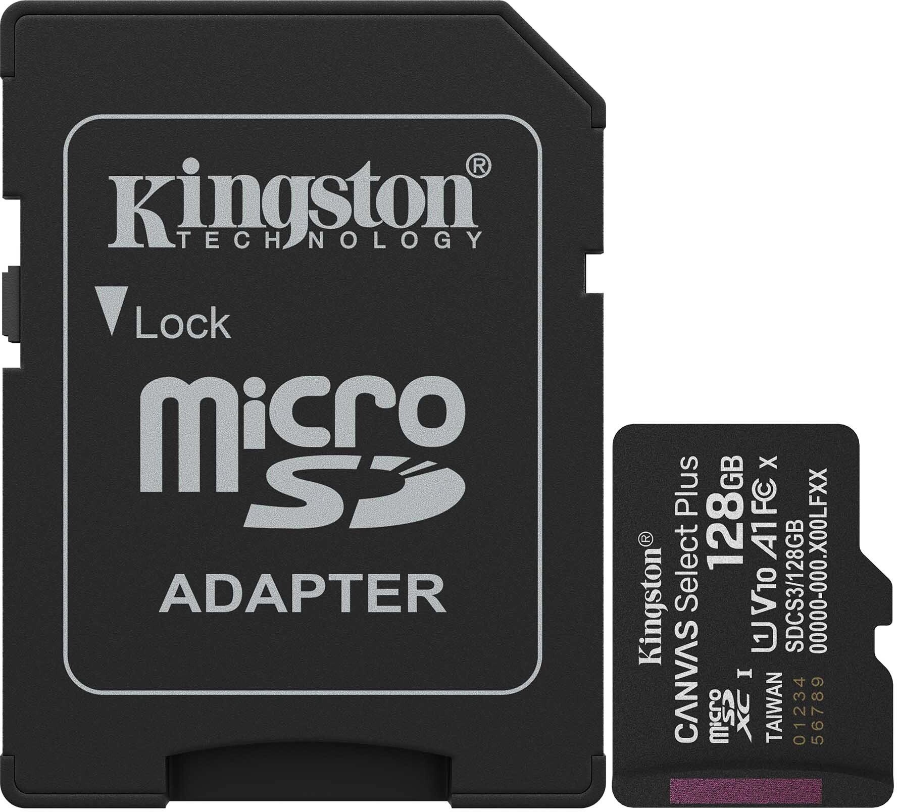 Карта памяти Kingston Canvas Select Plus, microSDXC, 128 ГБ, V10, A1, +SD адаптер (SDCS3/128GB)