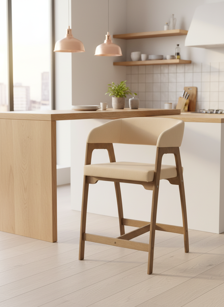 Полубарный стул мягкая посадка с подлокотниками и с мягкой спинкой, бежевый велюр, ножки светлый дуб 54х58х93 см