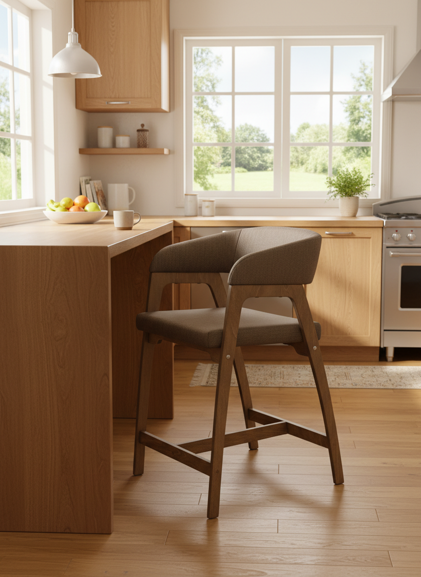 Полубарный стул мягкая посадка с подлокотниками и с мягкой спинкой, коричневая рогожка, ножки светлые 54х58х93 см