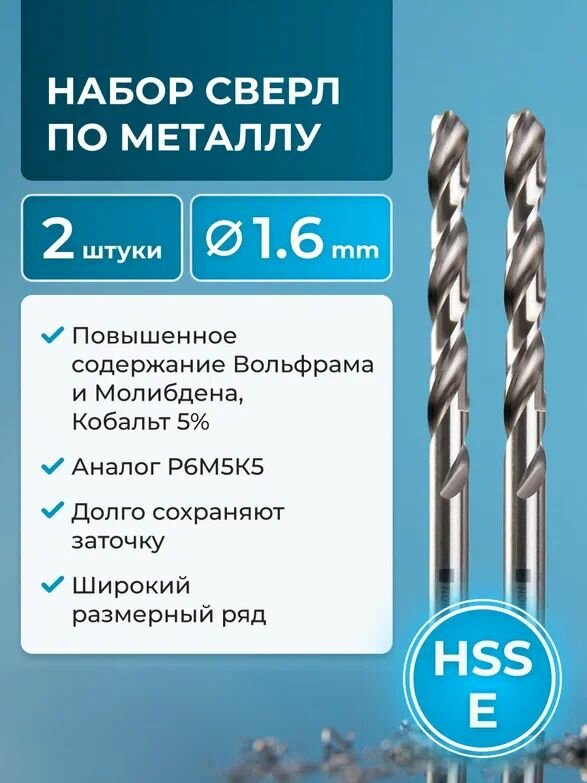 Набор сверл по металлу 1.6 мм 2 штуки NORGAU industrial спиральное из быстрорежущей HSS-E стали, DIN 338