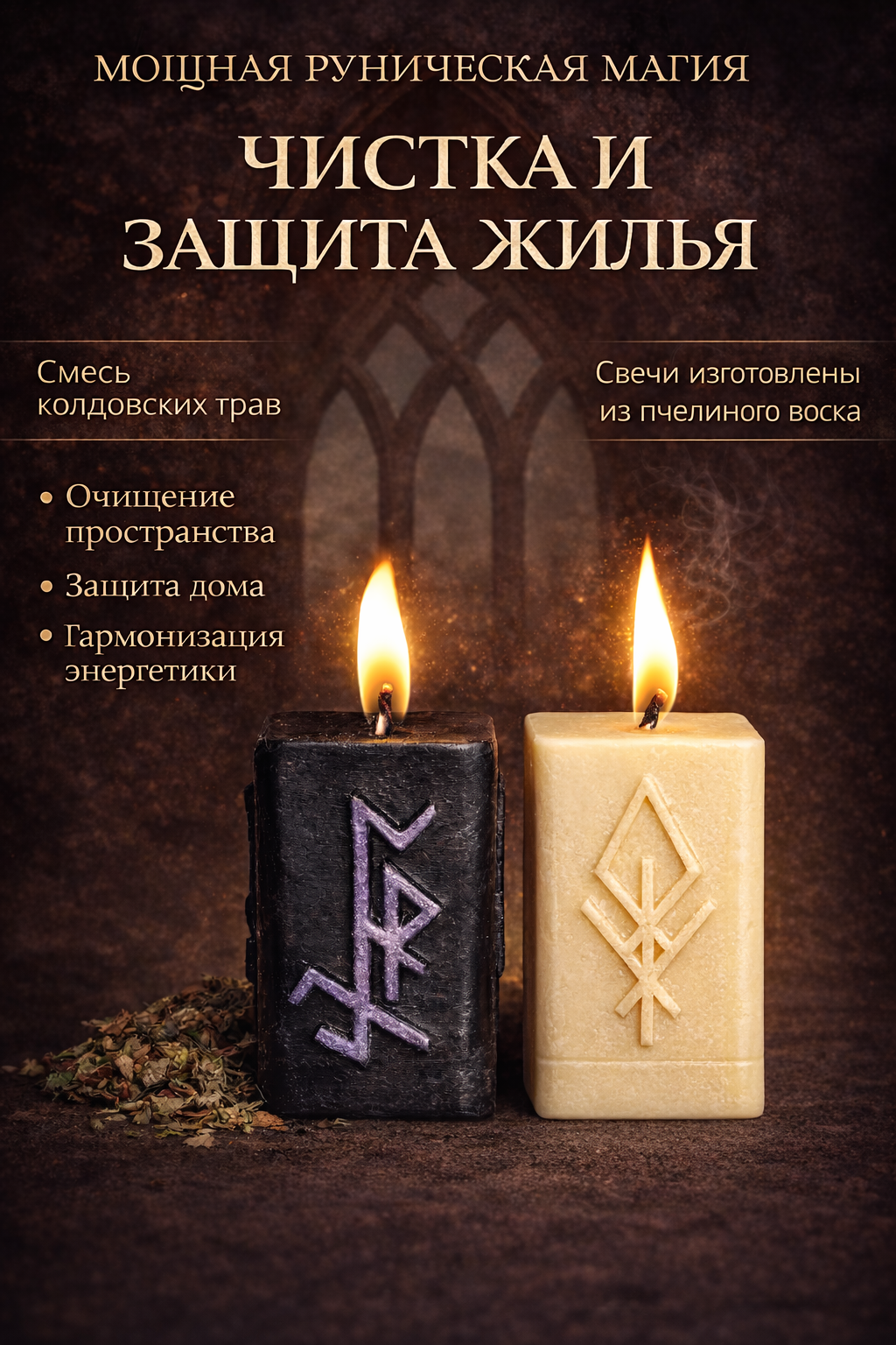 Комплект рунических свечей Чистка Жилья+Хранитель Дома. С травами и инструкцией по активации рунического става.