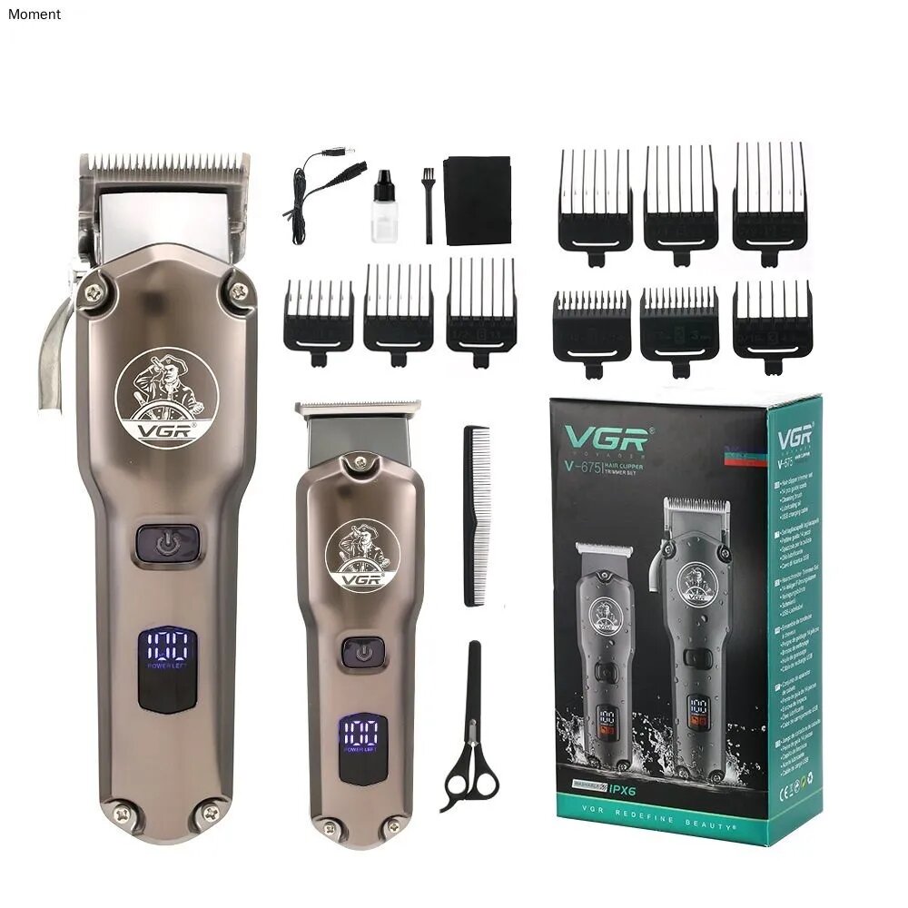 Машинка для стрижки VGR V0675, серый металлик, набор 2 в 1 для стрижки волос и триммер