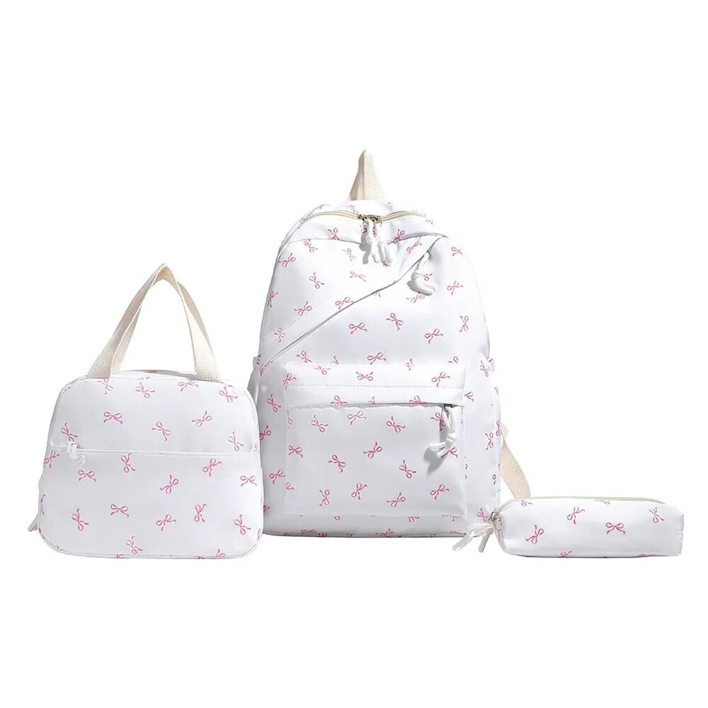 Milochic Рюкзак для девочек школьный комплект из 3 предметов: рюкзак, сумка, пенал, белый с розовым принтом бантики