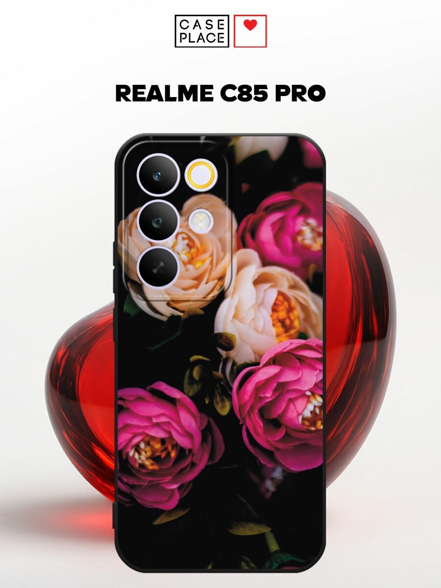 Черный матовый чехол на Realme C85 Pro / Реалми C85 Про с принтом Бордовые пионы