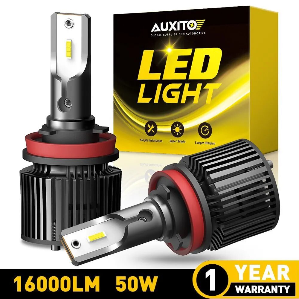 AUXITO Лампа автомобильная H11/H8/H9, 2 шт. светодиодная, 6000K, 16000LM, для ближнего света