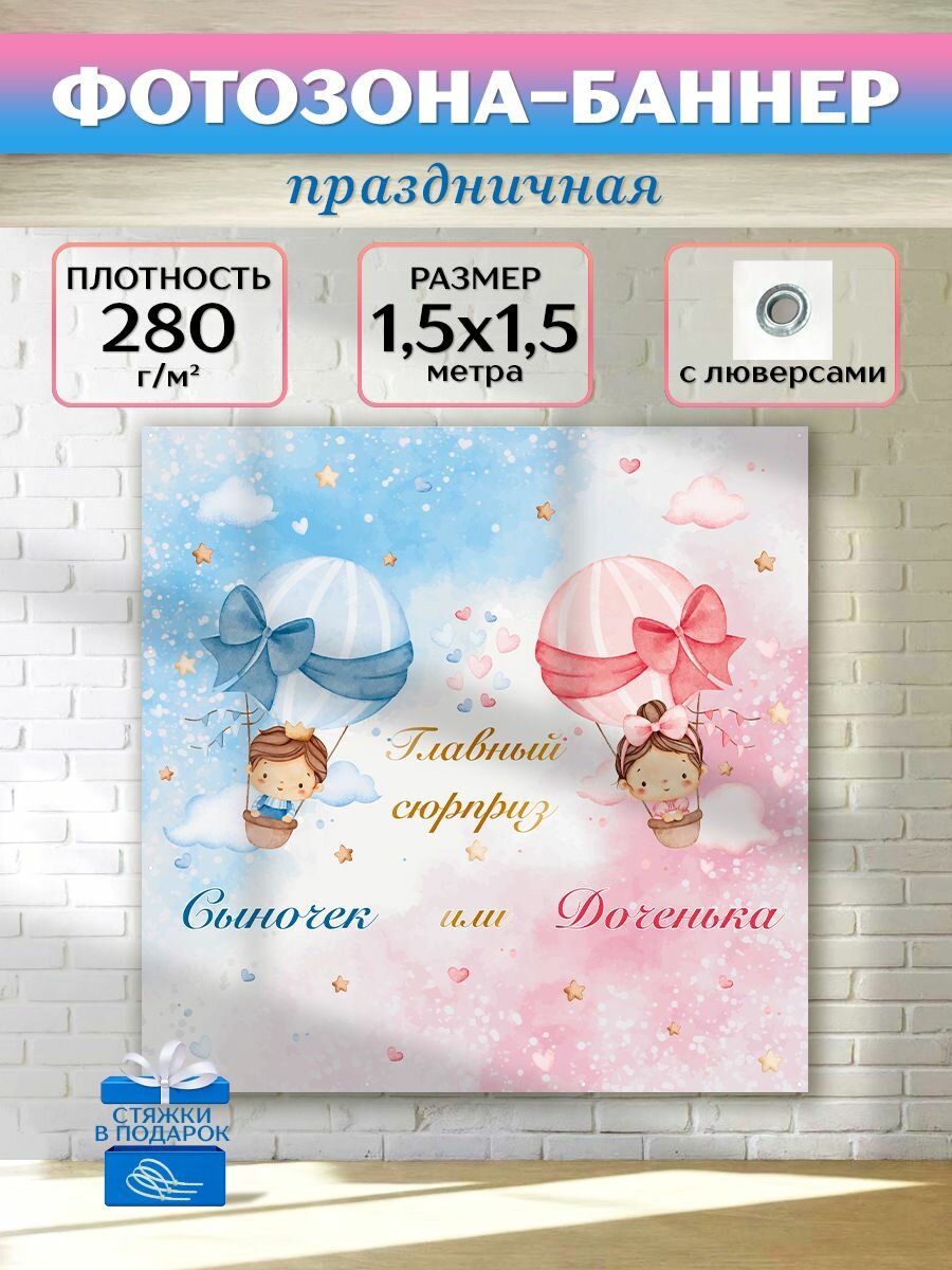 Фотозона-баннер на гендер пати "Главный сюрприз", 1,5х1,5 м