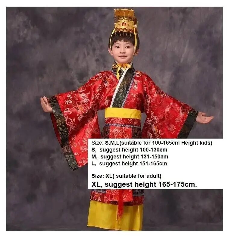 Детский традиционный китайский костюм ханьфу красный лен Kids l 150-165cm, Red