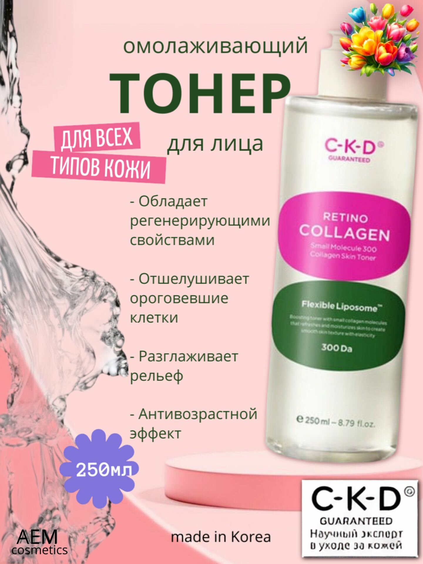 CKD Тонер для лица омолаживающий - Retino collagen small molecule 300 collagen skin toner, 250мл