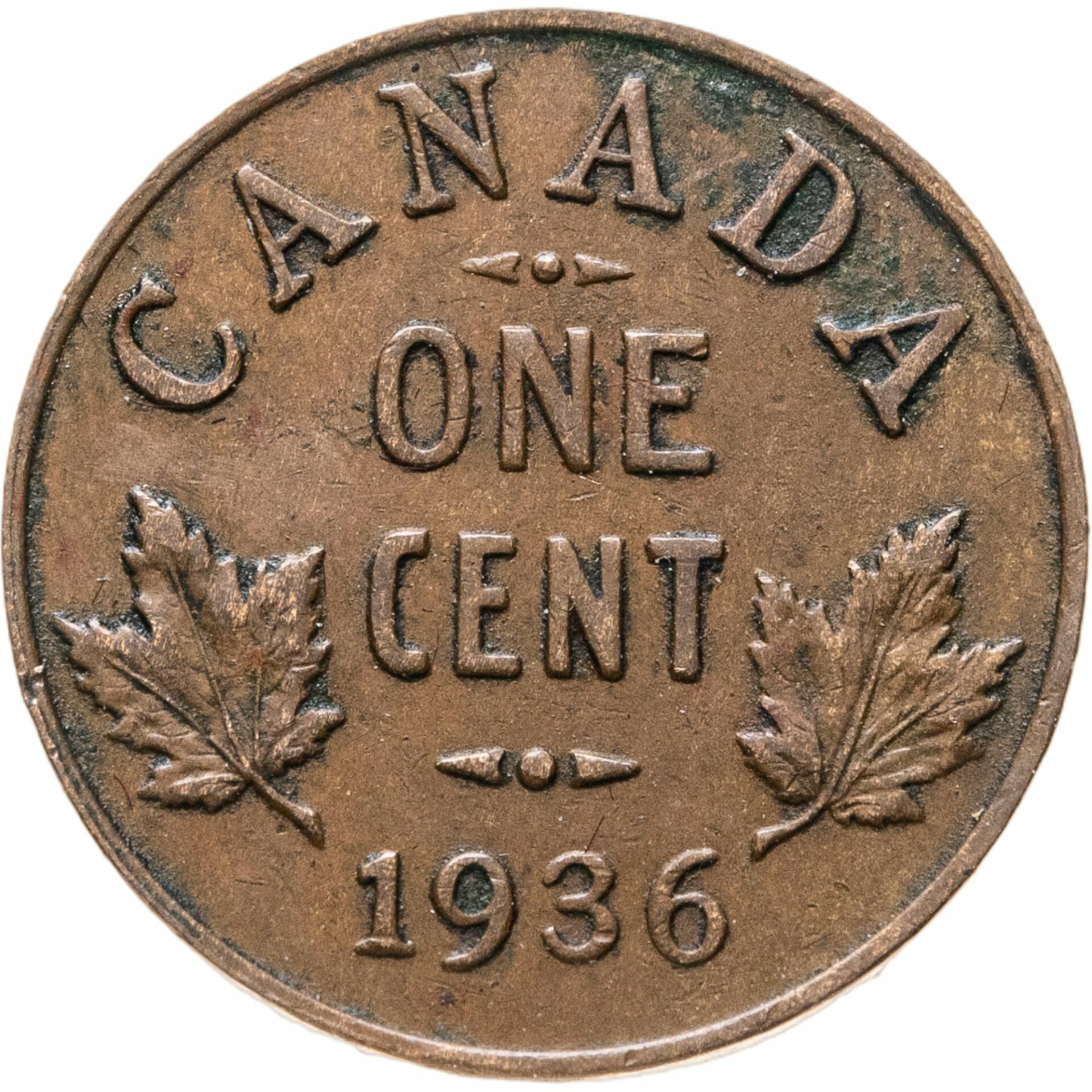Канада 1 цент cent 1936, Бронза, в сохранности VF