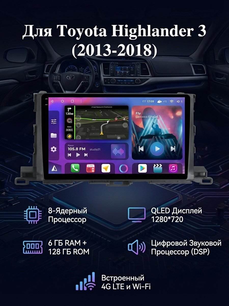 Штатная магнитола Тойота Хайлендер 3 (Toyota Highlander 3 XU50) 2013-2018 на Android 14, CarPlay WiFi + 4G