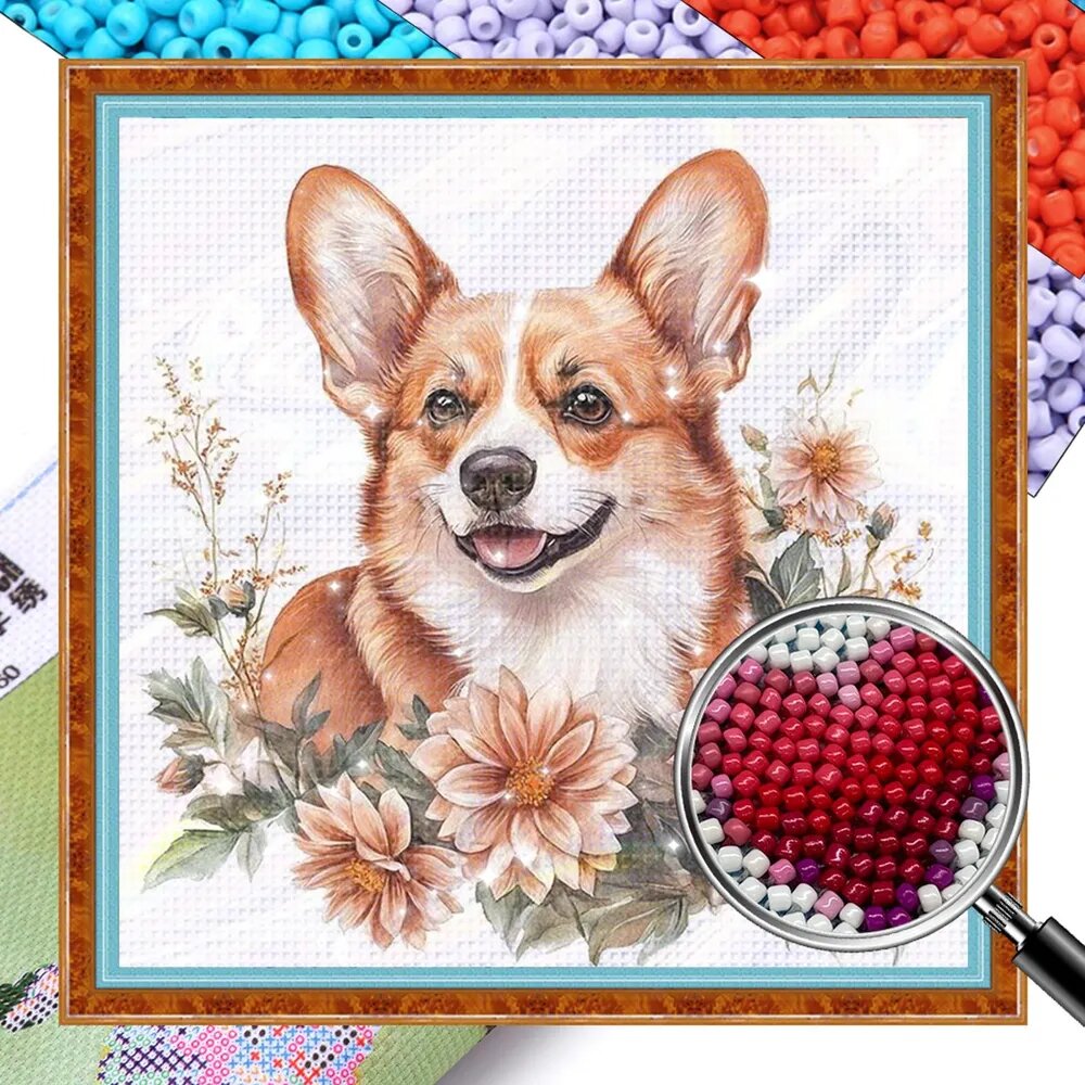 Бисерный крестик с корги на хлопке, 11CT, размер вышивки 36 36 см