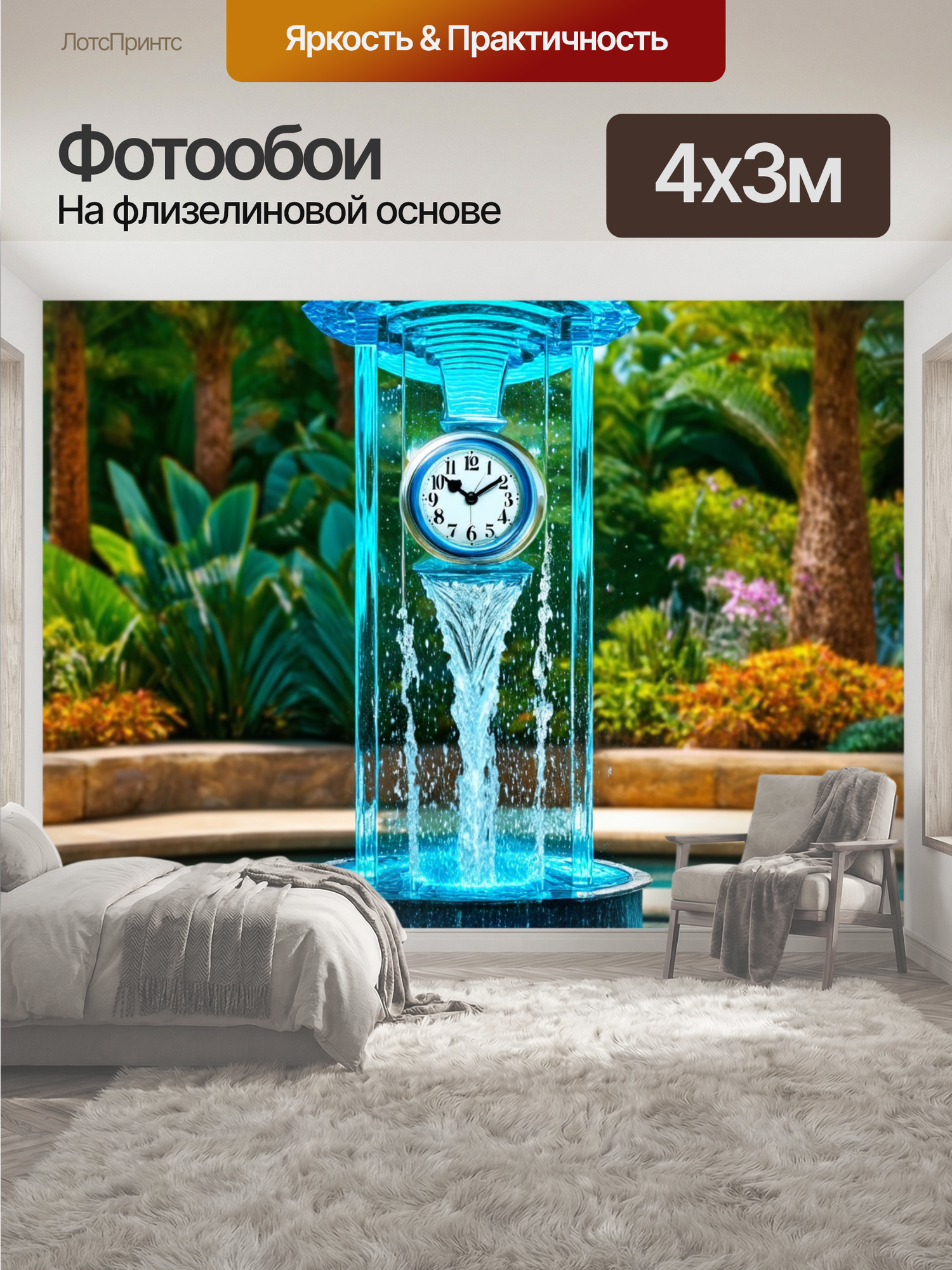 Фотообои "Водяные часы, выполненные из стеклянных элементов, с падающей водой в форме фонтанов, на фоне оазиса. стиль: сюрреализм с элементами природы." 400x300 см. экосольвентная печать