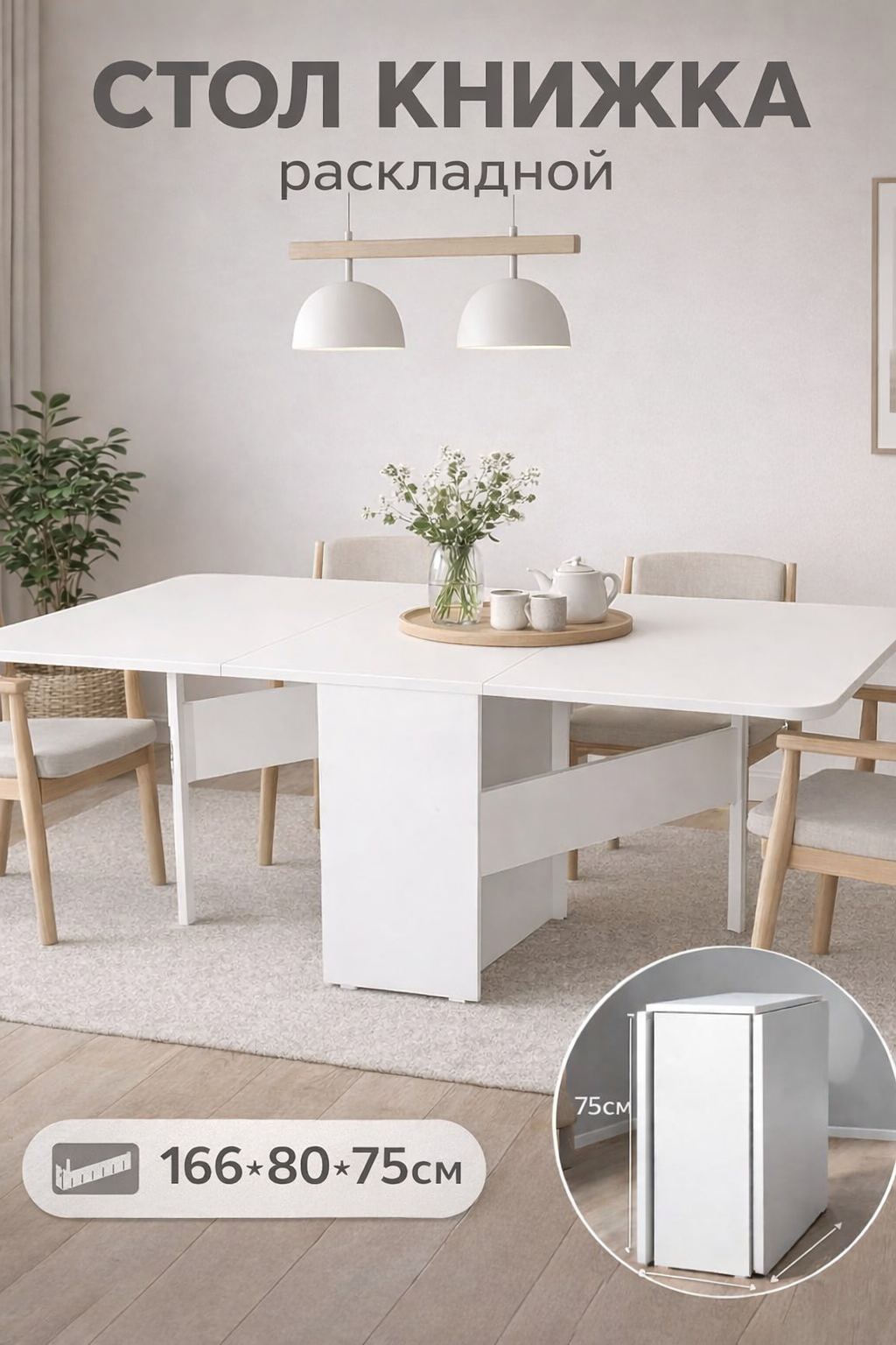 Стол книжка раскладной обеденный для кухни 166*80см, ЛДСП белый