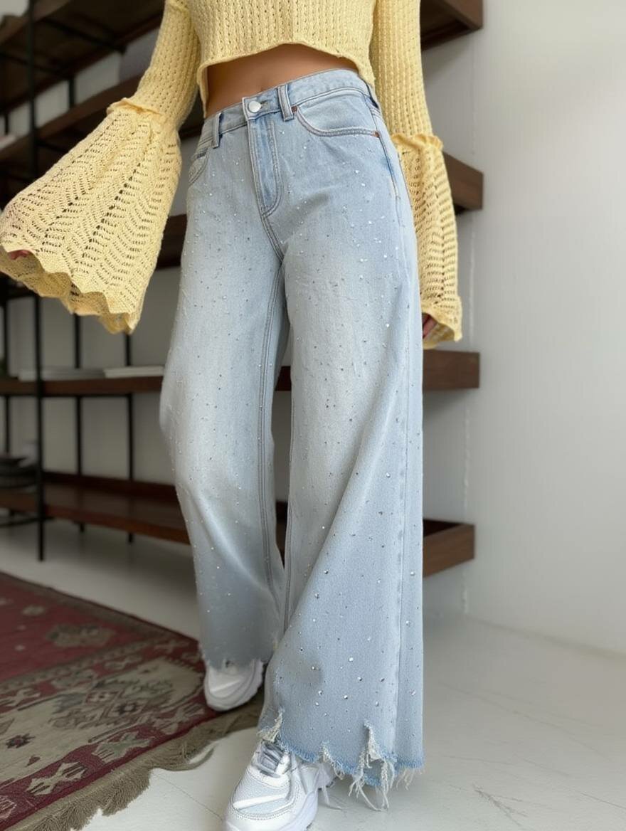 Джинсы трубы  рваные, со стразами