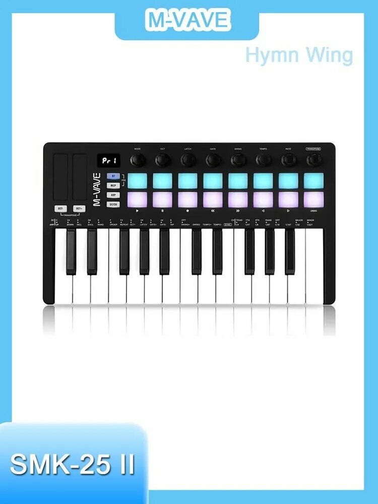 Клавиатура MIDI Pad Controller M-VAVE SMK-25 II USB Mini с 25 клавишами, 16 RGB-пэдов для ударных, 8 регуляторов и управление музыкой, программное обеспечение входит в комплект поставки