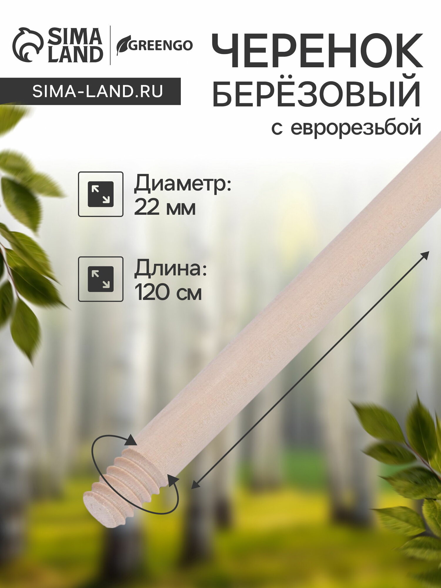 Черенок берёзовый, d=22 мм, длина 120 см, с еврорезьбой, высший сорт, 10 шт.