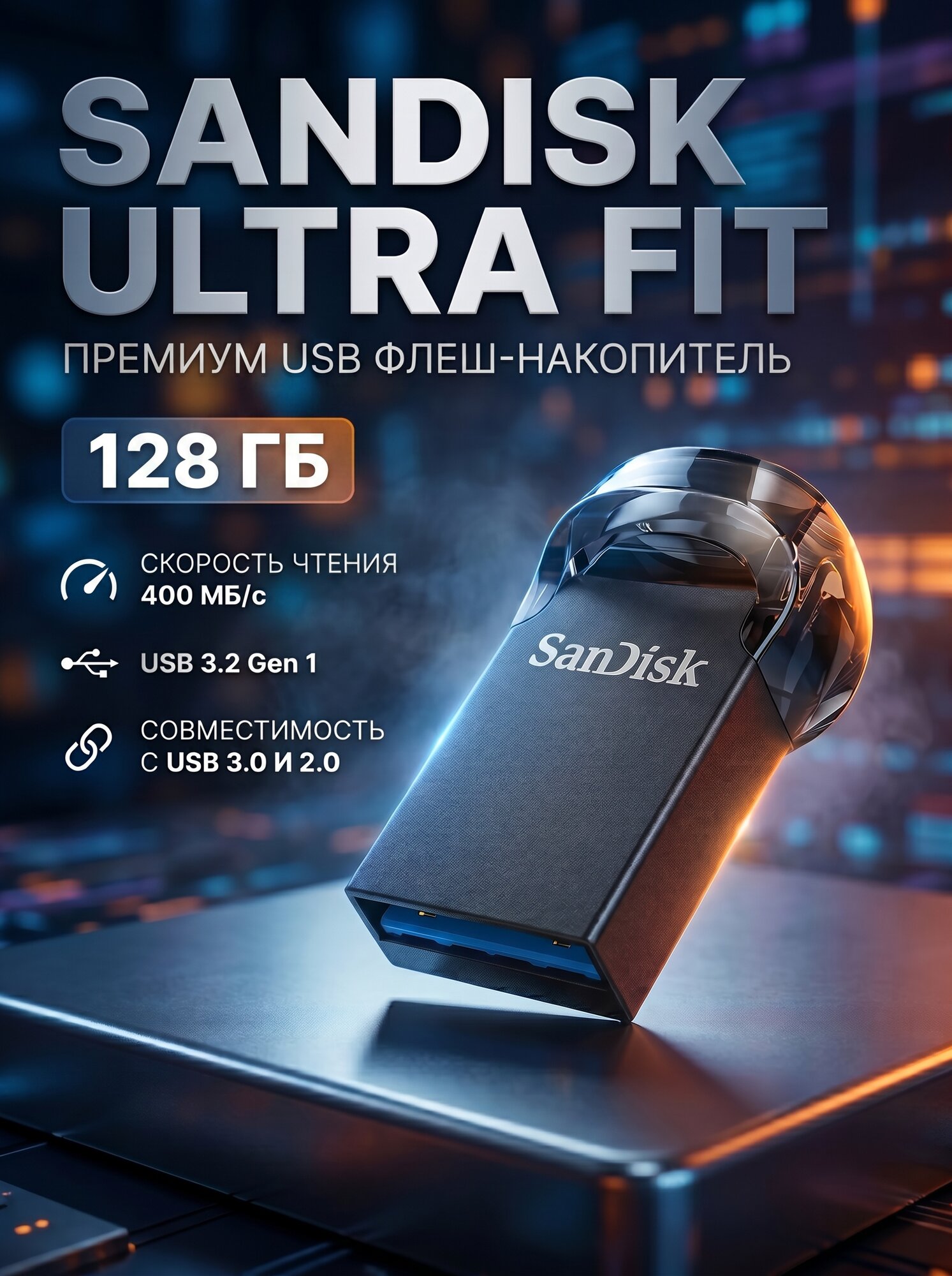 Флеш-накопитель SanDisk Ultra Fit USB 3.2, 128 ГБ, черный компактная