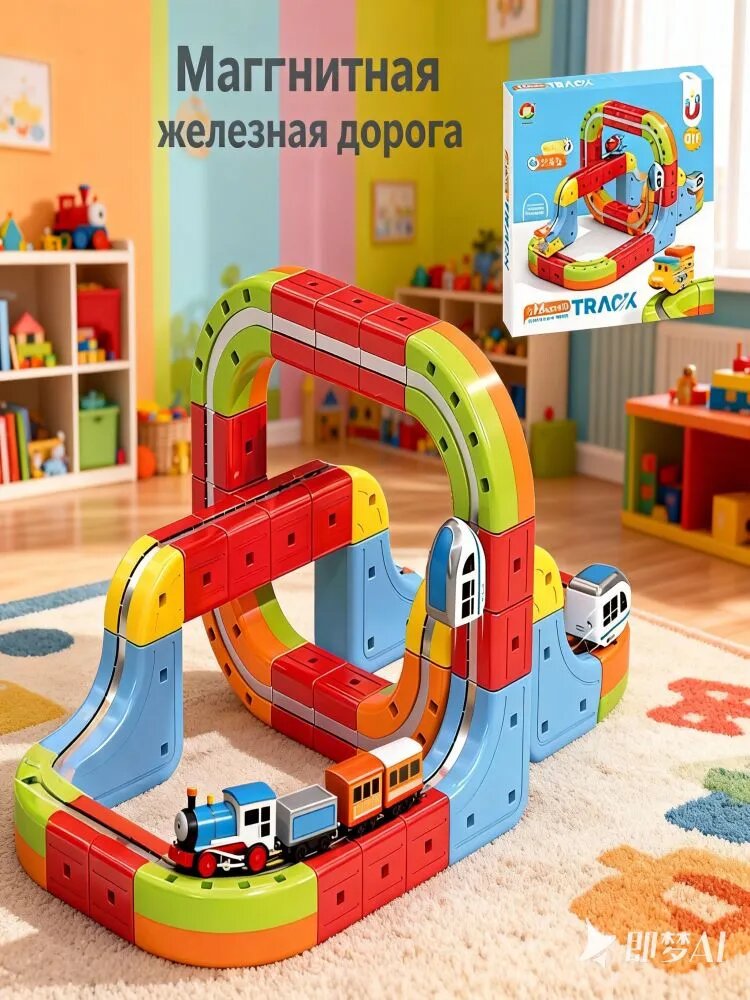 Игрушечный электропоезд с магнитными строительными блоками, трансформируемыми в рельсы