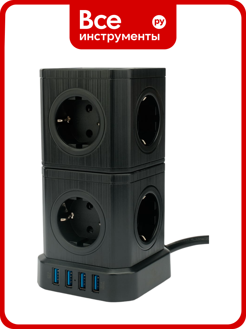 Сетевой фильтр Cablexpert tower, 9р, 16а, 4хusb, 3.1а, 2м, ур. защиты 4+, черный, коробка,