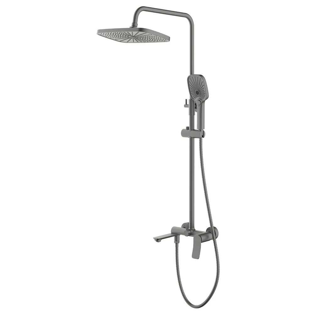 Душевая стойка AZARIO Escaro AZ-K2374GR со смесителем, серая, матовая, душевая система с тропическим душем, с изливом, с лейкой, латунная, рычаг сбоку