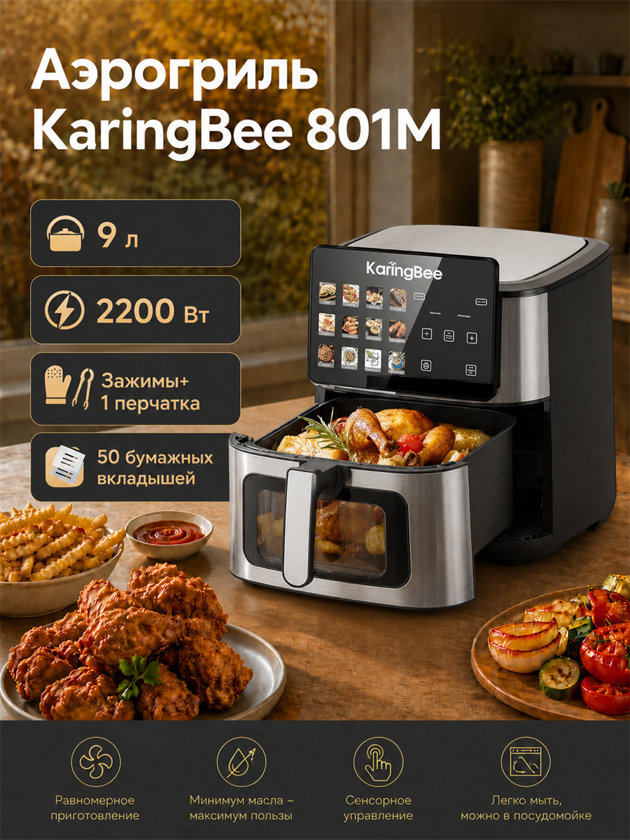 Аэрогриль электрический KaringBee 9 л, 2200 Вт, 10 программ,50 вкладышей в подарок, с Зажим для еды